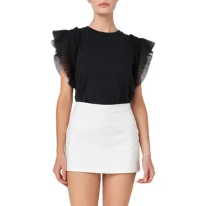 English Factory Mix Media Flutter Sleeve Knit Top - Black