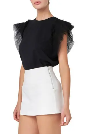 English Factory Mix Media Flutter Sleeve Knit Top - Black