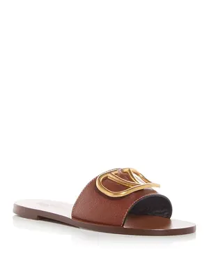 Valentino Garavani V Logo Slide Sandals - Camel