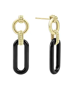 Lagos 18k Yellow Gold And Black Caviar Ceramic Link Earrings - Black/gold
