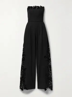 Oscar De La Renta Strapless Velvet Guipure Lace-trimmed Wool Jumpsuit - Black