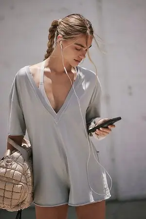 Free People FP Movement Hot Shot Tee Romper Beach Fog