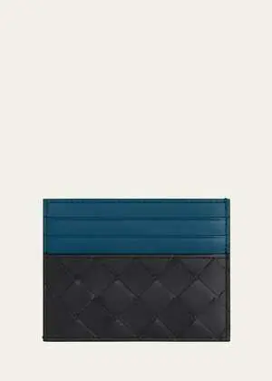 Bottega Veneta Bicolor Intrecciato Leather Card Holder Ard. N/deep Pacif