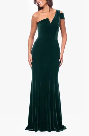 Betsy & Adam One-shoulder Velvet Mermaid Gown - Hunter