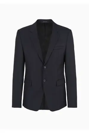 Emporio Armani Single-Breasted, Worsted Virgin-Wool Jacket Blue