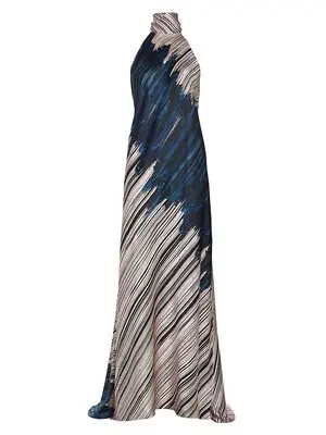 Silvia Tcherassi Women's Sherry High-Neck Silk Gown - Indigo Linear Wash  - Indigo Linear Wash