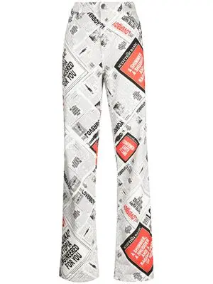 CHARLES JEFFREY Newspaper-print Wide-leg Jeans - White