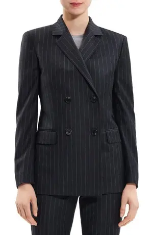 Theory Pinstripe Double Breasted Slim Fit Virgin Wool Suit Jacket Charcoal Multi - Qdy