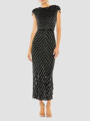 Mac Duggal Crystal Fringe Cap-sleeve Dress