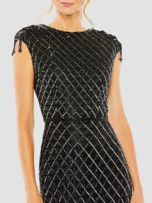 Mac Duggal Crystal Fringe Cap-sleeve Dress