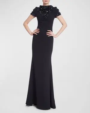 Bodice Badgley Mischka Black Gown Badgley Mischka Beaded High-Neck Trumpet  Gown In Black 40% Off