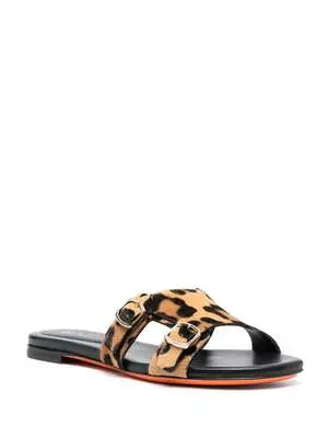 Santoni Leopard Print Double-buckle Slides