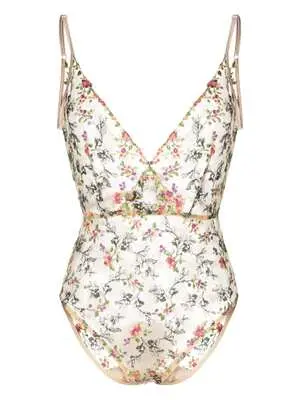 GILDA & PEARL Floral-embroidery Silk Bodysuit - Brown