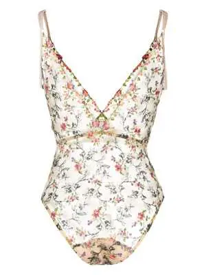 GILDA & PEARL Floral-embroidery Silk Bodysuit - Brown