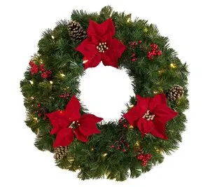 NEARLY NATURAL 24' Poinsettia, Berry, Pinecone Reath W/lights - One-color