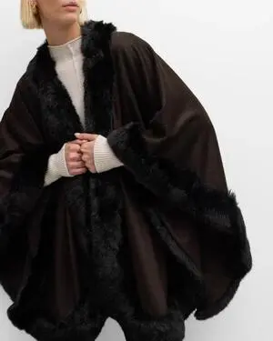 Sofia Cashmere Cape With Faux Fur Trim Chocolate