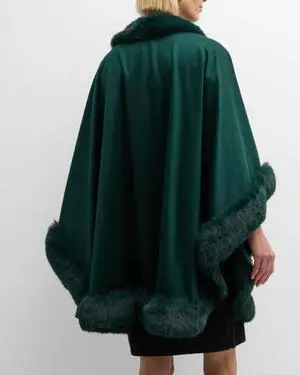 Sofia Cashmere Cape With Faux Fur Trim Emerald