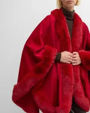 Sofia Cashmere Cape With Faux Fur Trim Red