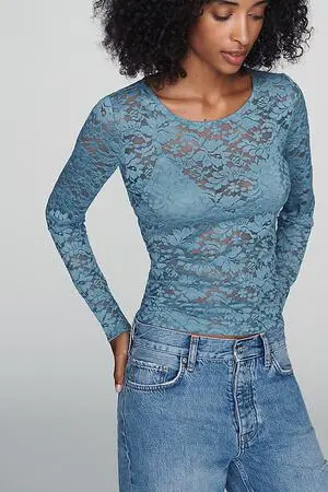 Anthropologie Lace Crewneck Top - Goblin Blue