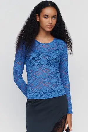 Anthropologie Lace Crewneck Top - Soft Blue