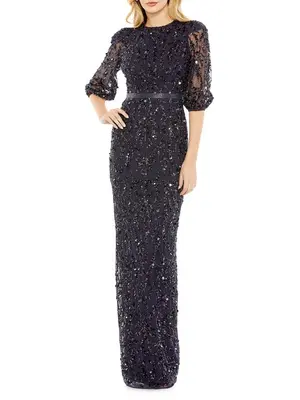 Mac Duggal Sequined Elbow-Sleeve Column Gown Midnight