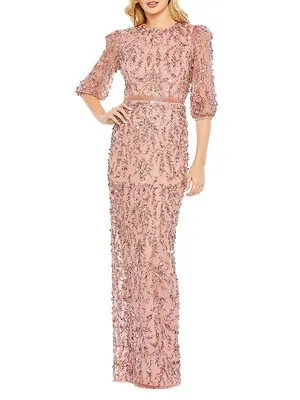 Mac Duggal Sequined Elbow-sleeve Column Gown - Rosewood