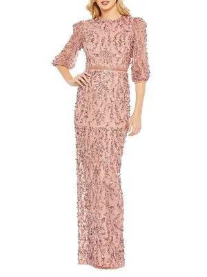 Mac Duggal Sequined Elbow-sleeve Column Gown - Rosewood