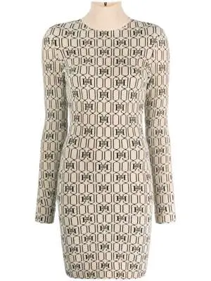 Elisabetta Franchi Mongram-intarsia Knitted Minidress - Neutrals