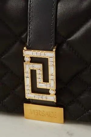 Versace Greca Goddess Mini Embellished Leather-trimmed Quilted Satin Shoulder Bag