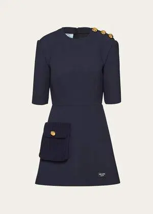 Prada Natte Pocket Mini Dress With Shoulder Buttons - F0008 Bleu