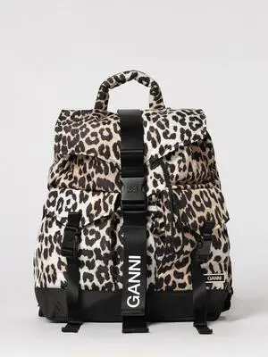 GANNI Recycled Nylon Backpack With Animal Print - Brown