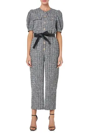 English Factory Tweed Ankle Jumpsuit With Puff Sleeves - Black/white