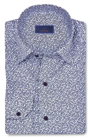David Donahue Football Print Cotton Twill Hidden Button-down Shirt - Blue/white