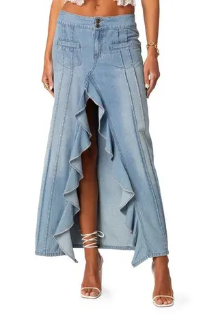 EDIKTED Valencia Ruffle Slit Front Denim Maxi Skirt