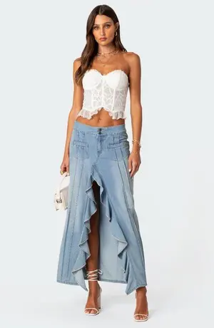 EDIKTED Valencia Ruffle Slit Front Denim Maxi Skirt