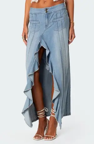 EDIKTED Valencia Ruffle Slit Front Denim Maxi Skirt