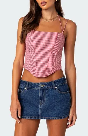 EDIKTED Pippa Gingham Lace-up Back Corset Top