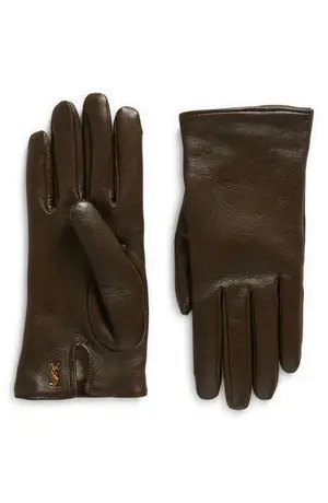 Saint Laurent Cassandre Logo Leather Gloves - Kaki/gold