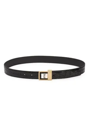 Saint Laurent Monogram Croc Embossed Leather Belt - Black