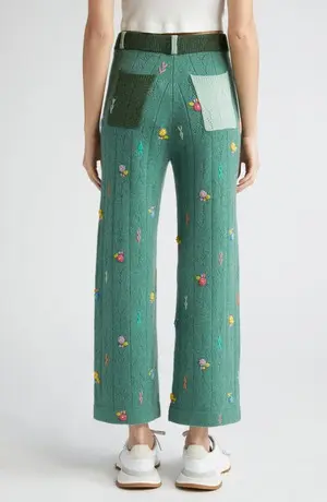YANYAN Daisy Embroidered Pointelle Knit Lambswool Pants