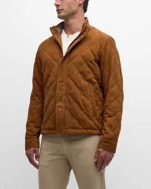 Peter Millar Men's Suede Norfolk Quilted Bomber Jacket - Whiskey