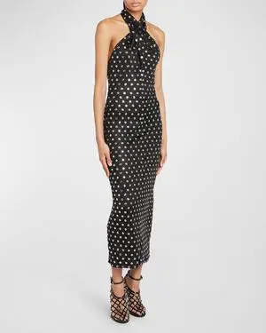 AlaA Grommet Eyelet Crossover Halter Maxi Dress - Noirargent | Editorialist