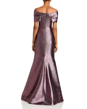 Rickie Freeman For Teri Jon Metallic Jacquard Off-the-shoulder Gown - Amethyst