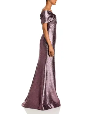 Rickie Freeman For Teri Jon Metallic Jacquard Off-the-shoulder Gown - Amethyst