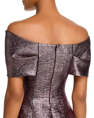 Rickie Freeman For Teri Jon Metallic Jacquard Off-the-shoulder Gown - Amethyst