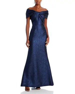 Rickie Freeman For Teri Jon Metallic Jacquard Off-the-shoulder Gown - Sapphire