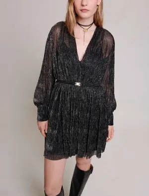 Maje Metallic Pleated Mini Dress With V-neck And Puff Sleeves