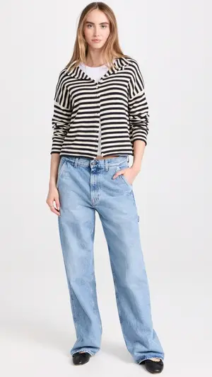 ALEX MILL Taylor Cardigan In Stripe Cotton Cashmere Blend - Navy/ivory