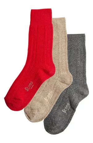 STEMS Stems Assorted 3-Pack Luxe Merino Wool & Cashmere Blend Crew Socks Oat/ Red/ Grey