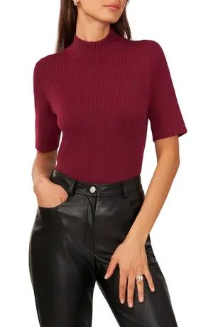Halogen Short Sleeve Ribbed Mock Neck Sweater - Chianti Red